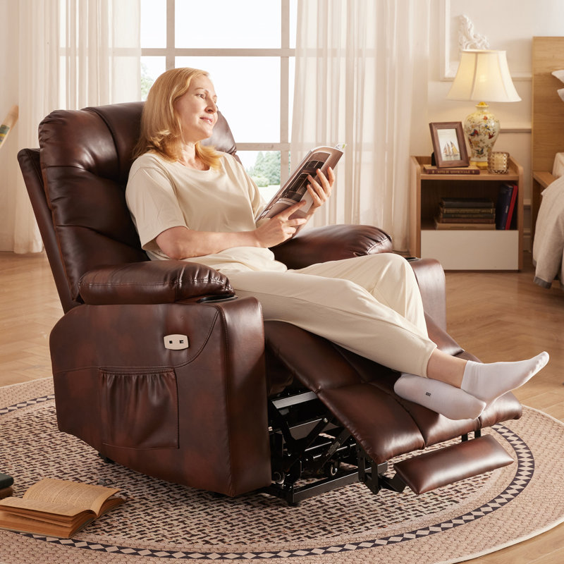 Dual Motor Heating Massage Elderly Movable Recliner Chair with Wheels and Power Supply Brown